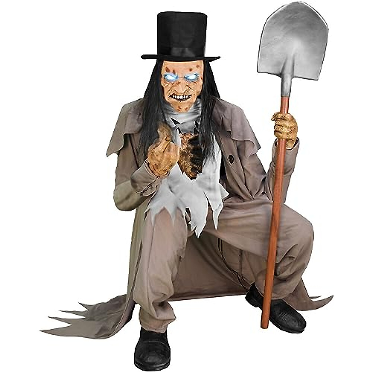 Haunted Hill Farm Motion-Activated Crouching Grave Digger by Tekky, Talking Scare Prop Animatronic for Indoor or Covered Outdoor Creepy Halloween Decoration, Plug-in or Battery Operated