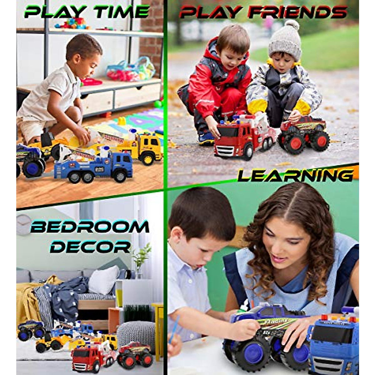 Mozlly Friction Powered Emergency Tow Truck Toys Set of 3 - Assorted Color Towing Trucks with Big Racing Monster Trucks & Bulldozer, Interactive Sound & Light - 3 Pack