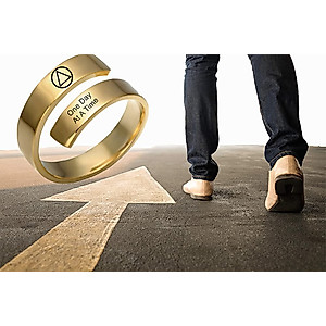 Personalized AA NA Sobriety Gift for Women Men Stainless Steel 18K Gold Plated Sober Recovery Cuff Ring Alcoholics Anonymous Addiction Surgery Recovering Anniversary Jewelry,One Day At A Time
