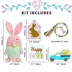 Easter Decorations, 5Pcs Easter Gnome Tiered Tray Decor, 3 Glitter Easter Wood Signs, Truck Full of Eggs, Easter Bunny Gnome Plush, Spring Easter Bead Garland,Rustic Farmhouse Spring Easter Decor