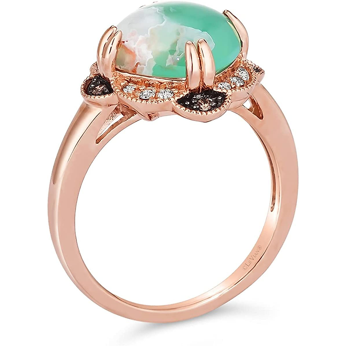 LE VIAN 3 1/4 Carat Cushion Shaped Green Aquaprase Cabochon White Topaz and Smoky Quartz Milgrain Flower Statement Ring for Women in 14k Rose Gold Plated 925 Sterling Silver Promise Ring Size 10