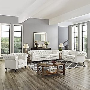 Naomi Home Chesterfield Sofa Set Living Room Chair Juegos Leather Couch Sofa Chair for Bedroom Modern Chesterfield Tufted Leather Chair Leather Sofas for Living Room (3 Piece Sofa Set, White)
