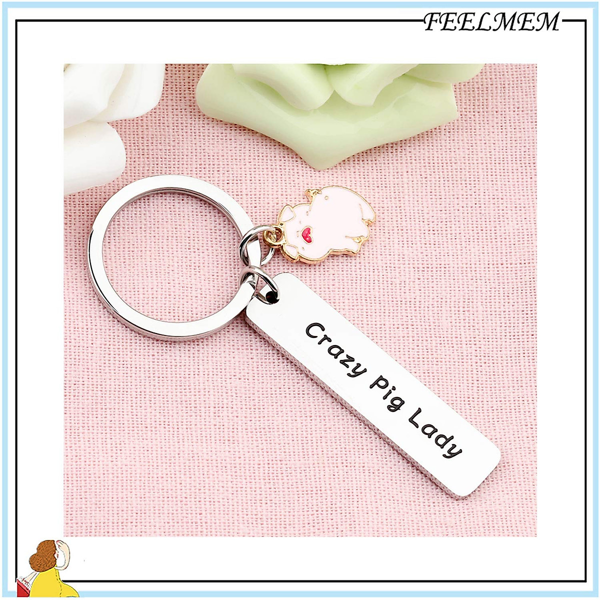 FEELMEM Pet Animal Jewelry Crazy Pig Lady Keychain Pig Charm Keychain Animal Lover Gift Pig Owner Gift (Crazy Pig Lady)