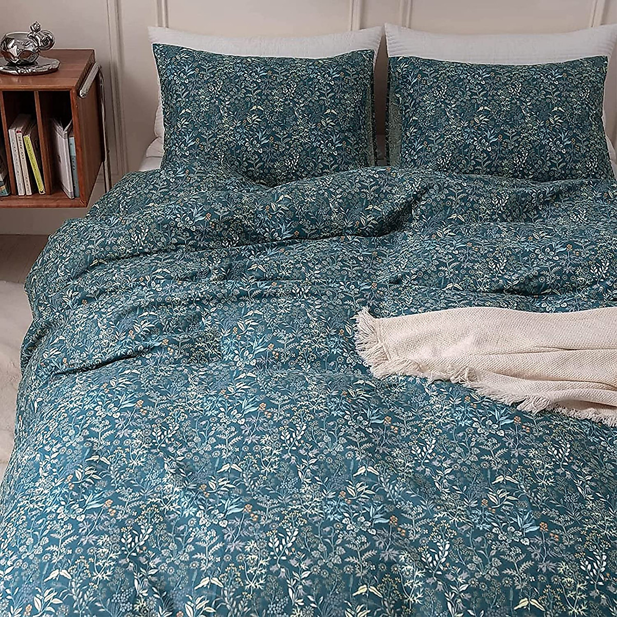 EAVD Garden Style Botanical Floral Duvet Cover Twin Soft 100% Cotton Yellow Floral Leaves Pattern Bedding Set with 2 Pillowcases Reversible Girld Plaid Duvet Cover with Zipper Closure