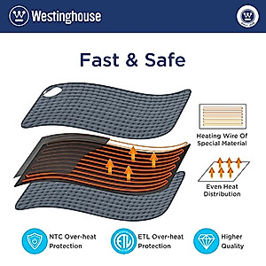 Westinghouse Electric Heating Pad for Back Pain Relief, Heated Neck Shoulder Wrap with 6 Heat Settings, 2-Hour Auto Shut-Off, Machine Washable, Extra Large 12x24 Inches (Grey)