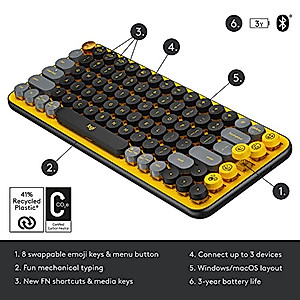 Logitech POP Keys Mechanical Wireless Keyboard with Customizable Emoji , Durable Compact Design, Bluetooth or USB Connectivity, Multi-Device, OS Compatible - Blast Yellow