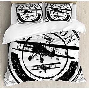 Ambesonne Vintage Airplane Duvet Cover Set, Grunge Style Stamp Design Word Aviation and Plane Silhouettes, Decorative 3 Piece Bedding Set with 2 Pillow Shams, King Size, Black