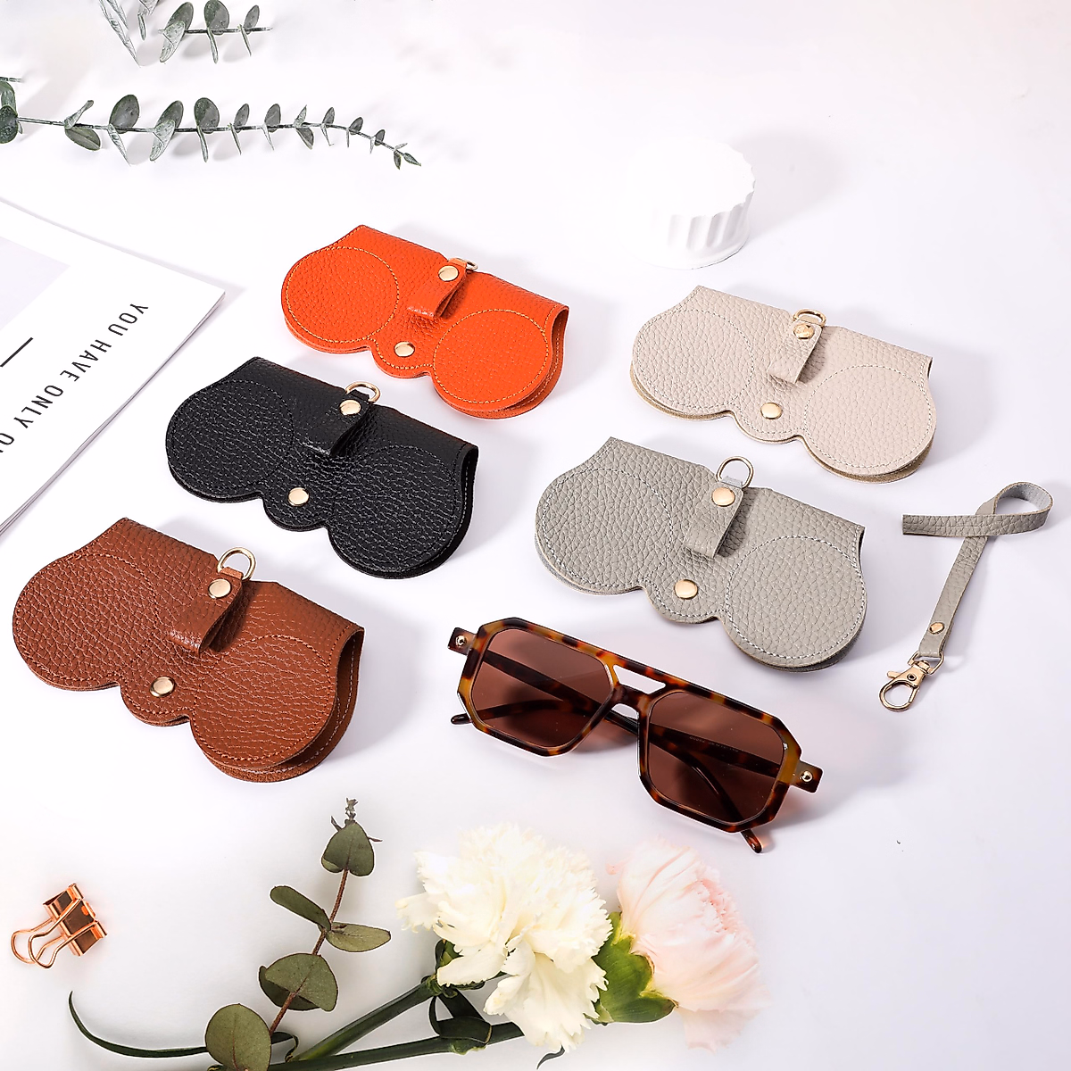 FEISEDY 2Pack Soft Leather Sunglass Bag, Holder Eyeglasses Case, Portable Glasses Pouch With Button Clip Wrist Strap B0049