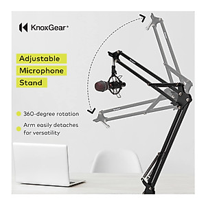 Knox Gear Boom Arm Microphone Stand for Podcasts, Studio Recording, Radio Broadcast, and Gaming, Microphone Desk Stand with 360-degree Rotation, Black Microphone Stand with 5/8-inch Screw Adapter