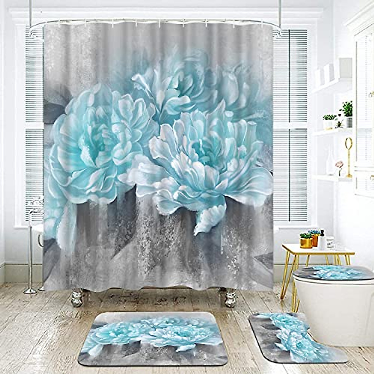 DuoBaorom 4 Pieces Set Teal Blue Flower Shower Curtain Set Elegant Floral Picture Print on Non-Slip Rugs Toilet Lid Cover Bath Mat and Bathroom Curtain with 12 Hooks 72x72inch