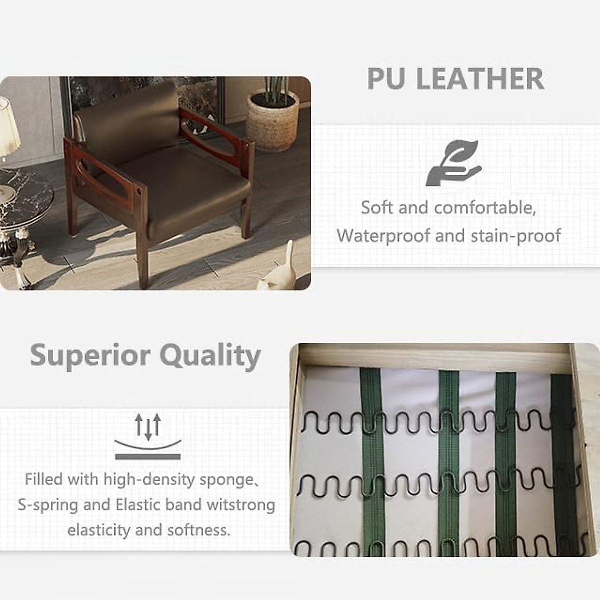 PU Leather Accent Chair, Mid-Century Modern Armchair with Solid Wood Legs, Reading Leisure Chair with High Back for Living Room Bedroom Waiting Room(Espresso)