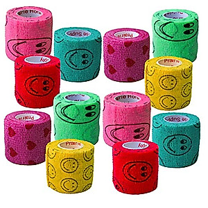 Prairie Horse Supply 2 Inch Vet Wrap Tape Bulk (Assorted Patterns) (Pack of 12) Self Adhesive Adherent Adhering Flex Bandage Grip Roll Dog Cat