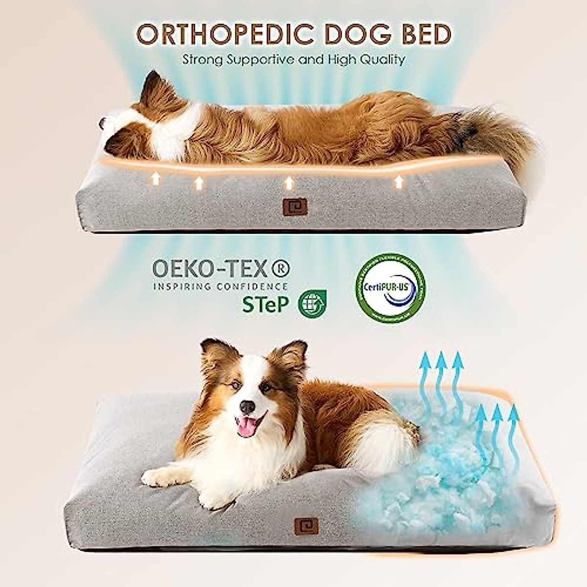 EHEYCIGA Shredded Memory Foam Dog Beds for Large Dogs, Waterproof Orthopedic Large Dog Bed for Crate with Washable Removable Cover, Pet Bed Dog Mattress Dog Pillow with Non-Slipped Bottom, Grey