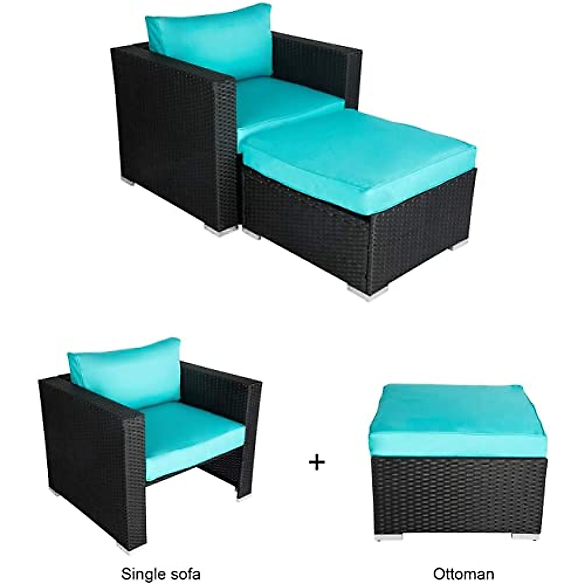 Kinsunny Wicker Furniture Single Chair with Ottoman, Black PE Wicker Additional Seats for Sectional Sofa