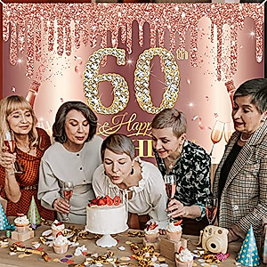 Rose Gold 60th Birthday Banner Decoration for Women, Pink Rose Gold Happy 60th Birthday Backdrop Sign Party Supplies, Sixty Years Old Birthday Photo Background Decor for Indoor Outdoor