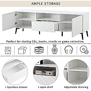 Furnicare Mid Century Modern TV Stand for 75 Inch TV, Entertainment Center Wood TV Cabinet with Drawer and Open Shelf, Media TV Console Table with Metal Feet for Living Room Bedroom, White