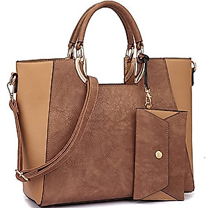 MARCO M KELLY Fashion Satchel for Women Top Handle Shoulder Handbags Work Purse 2pcs Bag Set with Wallet (Brown/Tan)