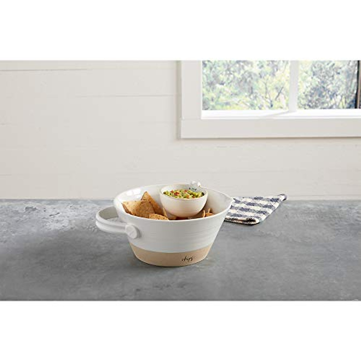 Mud Pie Stoneware Set, chips 5" x 10" dia | dip 2" x 4" dia, White