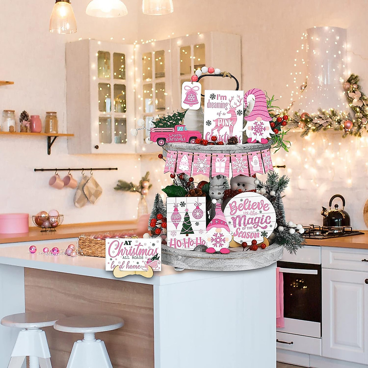 Pink Christmas Decoration, Christmas Tiered Tray Decor 15 Pcs Pink Christmas Ornaments Farmhouse Rustic Decor Christmas Gnome Truck Snowflake Wooden Sign for Christmas Centerpiece Table Party Holiday