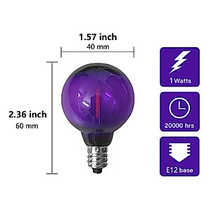 ZHZHLED Dark Purple Light Bulbs Plastic 1 Watt G40 LED Replacement Bulbs for Indoor Outdoor String Lights, Shatterproof Waterproof E12 Base Filament Edison Christmas Halloween Light Bulbs,15 Pack