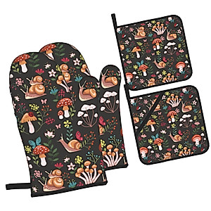 Mushrooms, Snails, Butterflies, Ladybugs Oven Mitts and Pot Holders Sets of 4 Heat Resistant Thick Non-Slip Oven Mitts, Oven Gloves Pot Holders Set for Cooking, Baking Grilling and BBQ