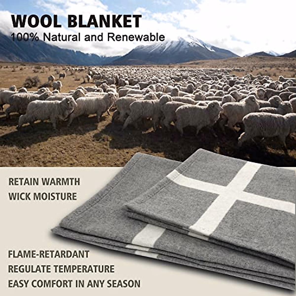 70% Wool Blanket Throw, Warm, Thick, Soft, Washable, 55" x 70", Great for Camping, Outdoors, Travel, Couch, Bedding with Exquisite Box for Gift