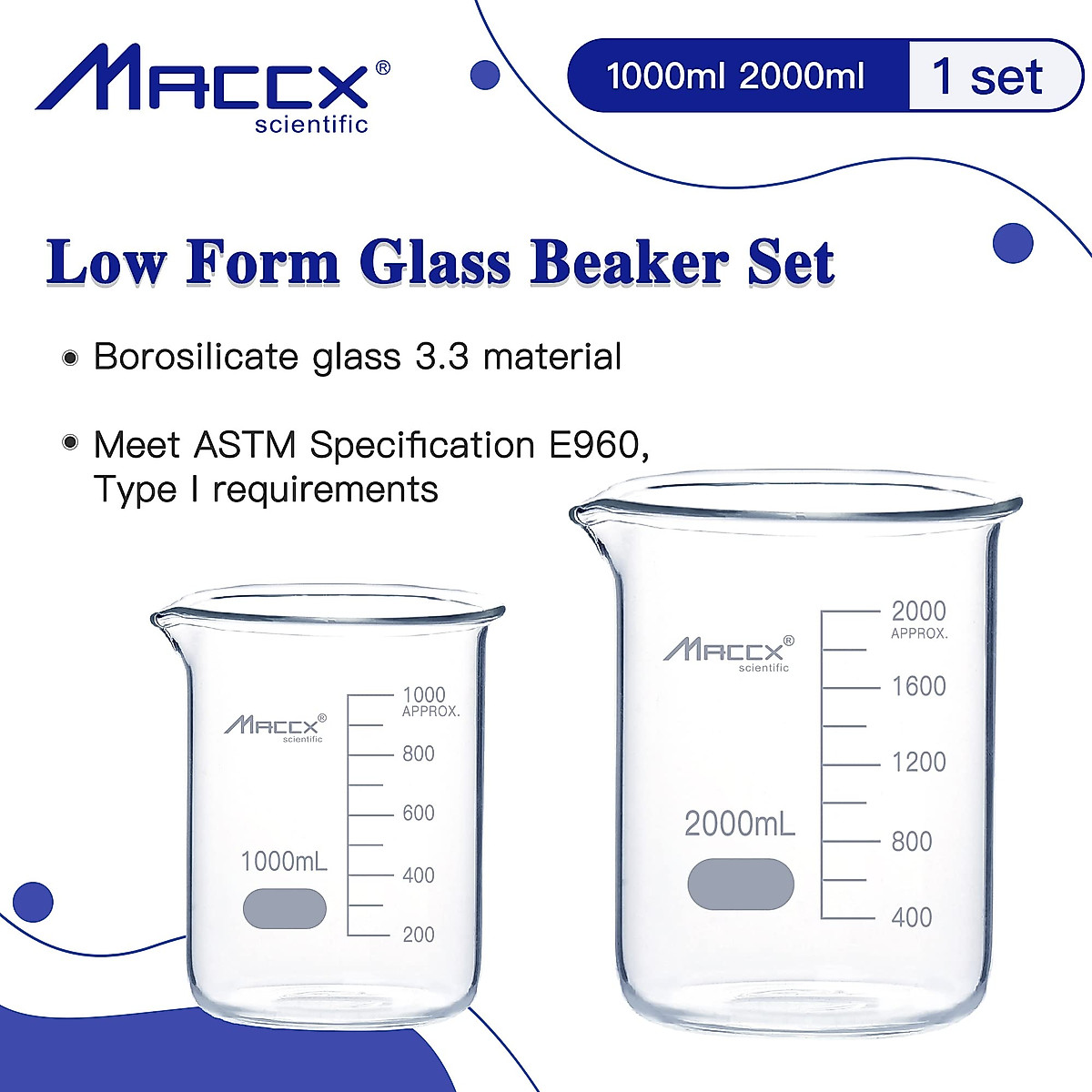 Maccx Sturdy Glass Beakers, 2 Sizes of 1000ml 2000ml,3.3 Borosilicate Griffin Low Form with Printed Graduation, BKLS06-002