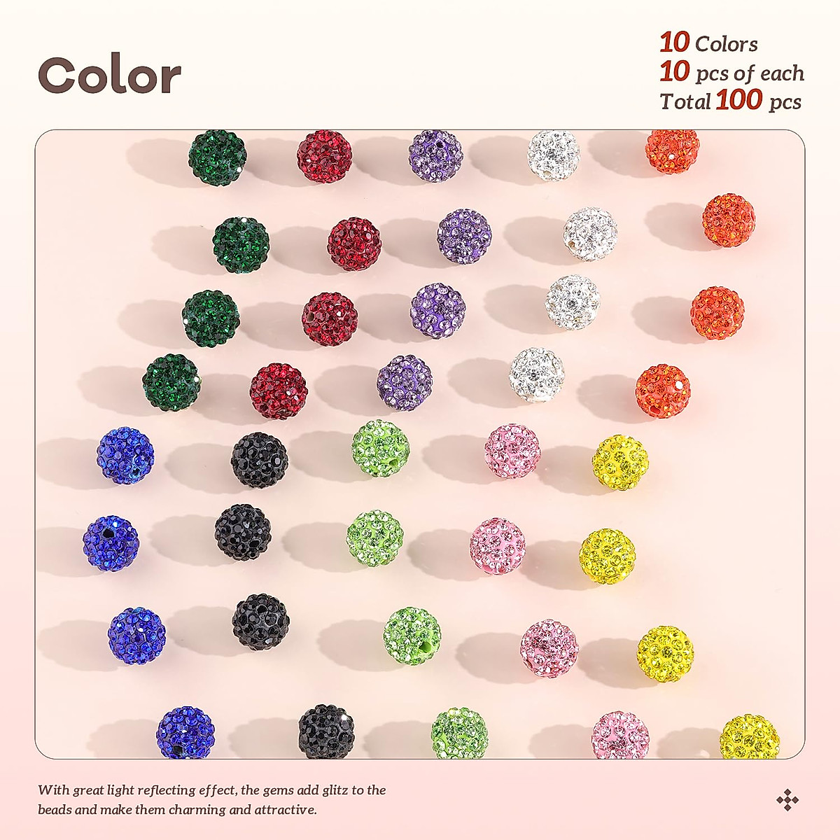 100 pcs 10mm Rhinestone Beads for Jewelry Making, 10 Mixed Colors Shiny Round Disco Ball Beads Bulk, Sparkle Crystal Clay Christmas for Bracelet Baseball Necklace Earring Crafting and DIY