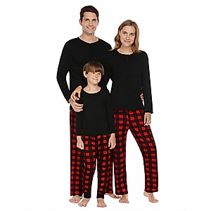 Ekouaer Christmas Pajamas Matching Family Pj Set Long Sleeve Tops and Plaid Pants for Sleepwear Soft Loungewear Pjs Black Plaid, L