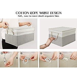 LoforHoney Home Fabric Storage Bins with Lids for Organizing, Foldable Storage Boxes with Lids for Shelves, Clothes Baskets with Cotton Rope Handles, Closet Storage Bins, Large, Beige & Gray, 2-Pack