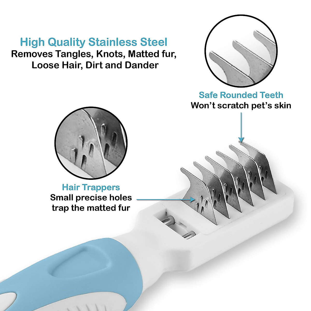 Pets First Professional Pet Mat Remover - Dematting Tool for Grooming Cats & Dogs - Removes Matted Fur, Tangles, Knots, Loose Hair & Dirt - Stainless Steel, Gentle Teeth, Soft Comfort Grip Handle,Blue