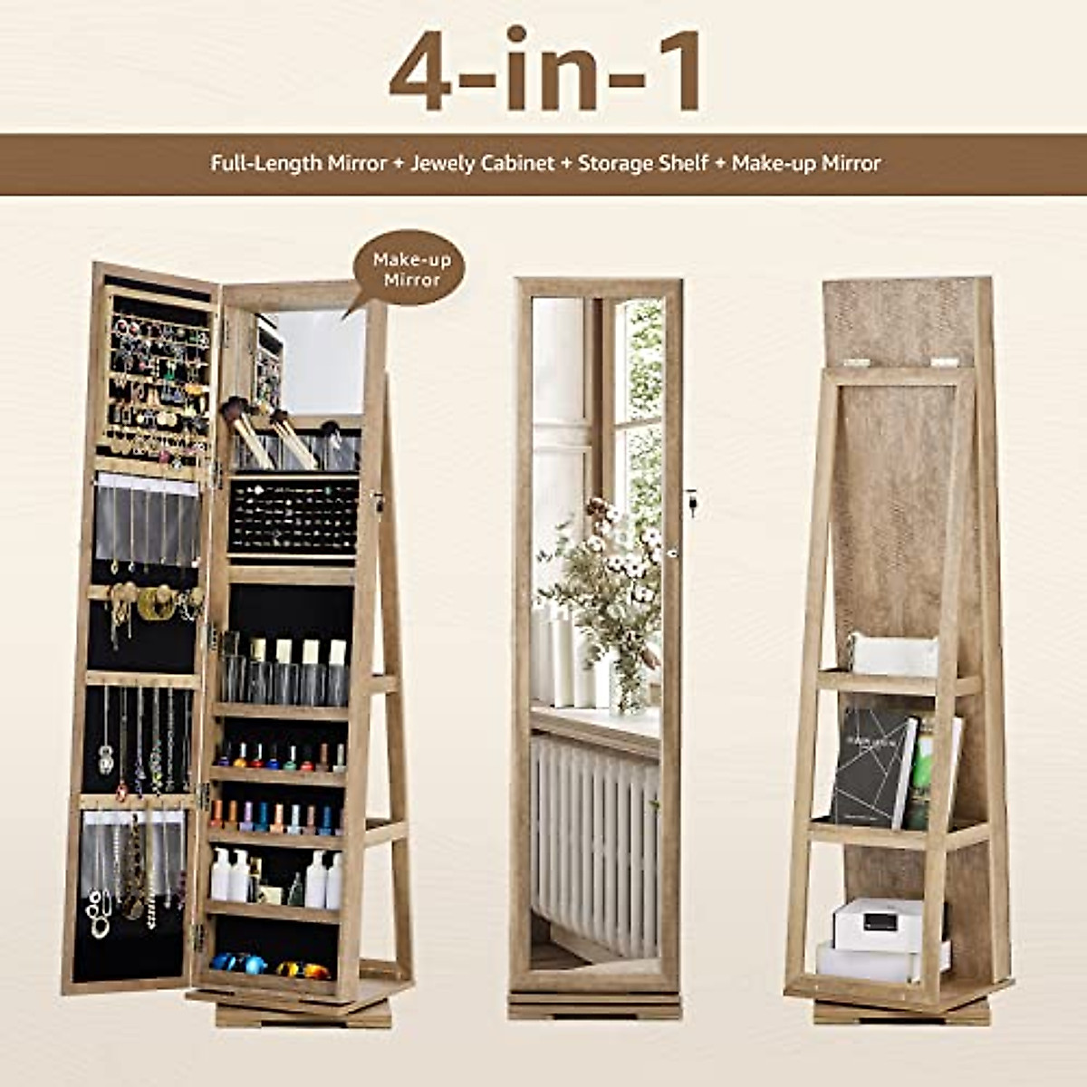 SERWALL 360 Rotating Jewelry Stand Organizer - Jewelry Armoire with Full-Length Mirror- Freestanding Dressing Mirror Jewelry Cabinet Storage - WOOD