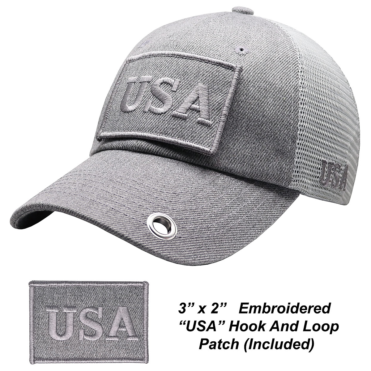Antourage American Flag Unconstructed Hat for Men and Women Twill Mesh Snapback Baseball USA Flag Cap + 2 Patriotic Patches ((52) Grey Classic Mesh Snapback with Keyhole)