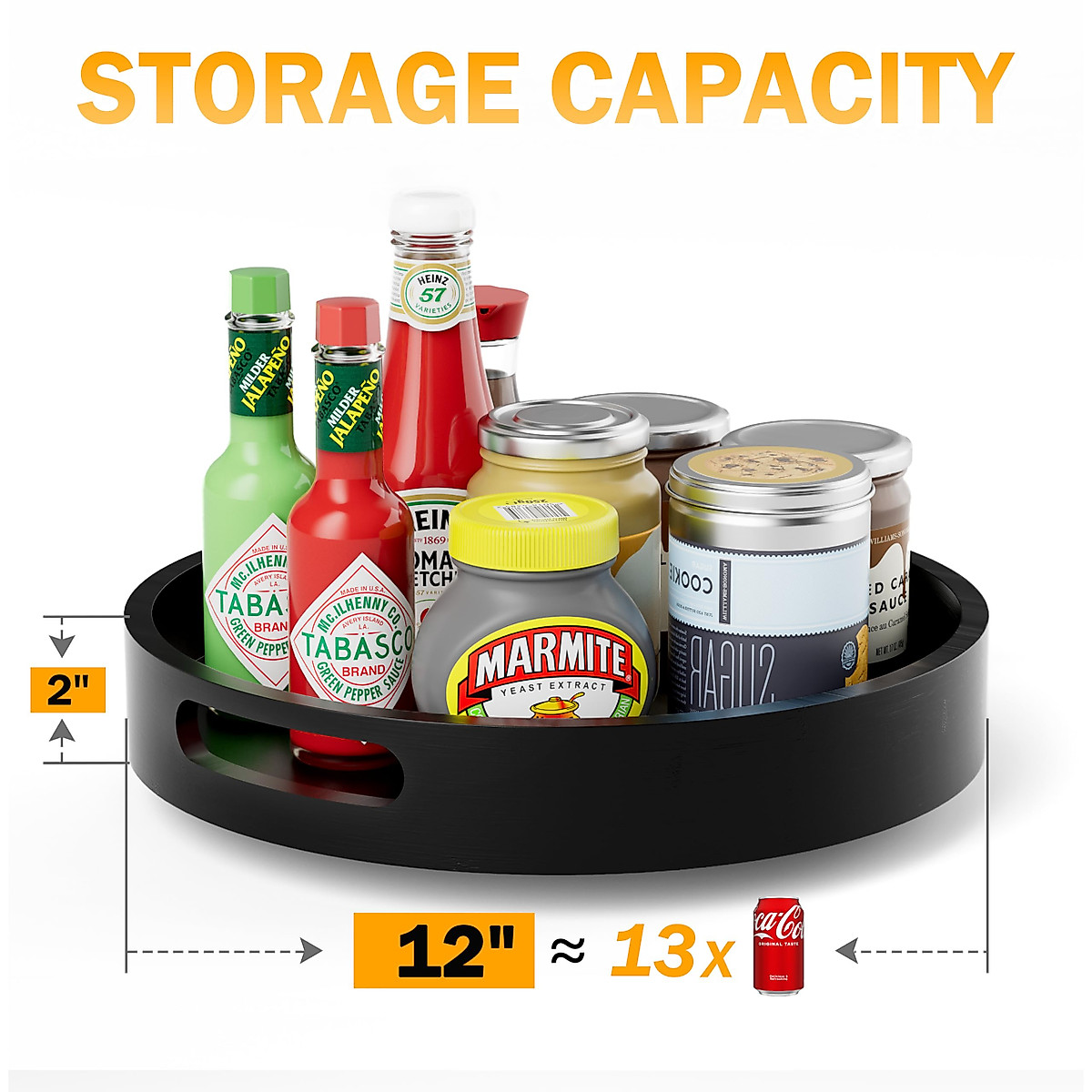 Homerays 12 Inch Lazy Susan Organizer, Kitchen Rotating Spice Rack, Bamboo Lazy Susan with Double Handles for Kitchen Cabinet (Black, Medium)