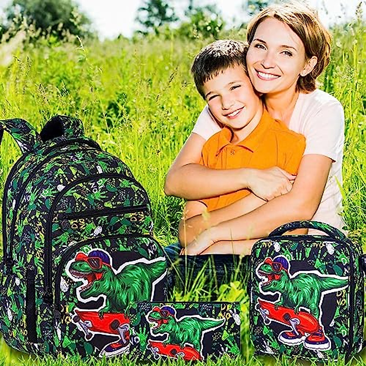 TXHVO 3PCS Dinosaur Backpack for Boys, Kids School Bookbag with Lunch Box, 17 Inch Teen Boy Laptop Backpacks