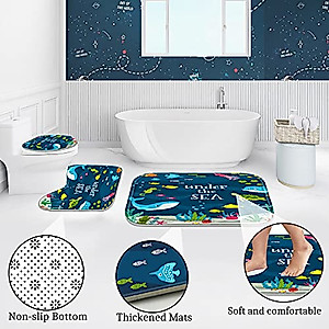 Poedist 4 Pcs Bathroom Shower Curtain Set,Kids Bathroom Sets with Rugs(Bath Mat,U Shape and Toilet Lid Cover Mat) and 12 Hooks,Under The Sea