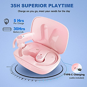 LASUNEY Wireless Earbuds, 35H Playtime Bluetooth Headphones with Mics and Charging Case for iPhone Android, Waterproof Running Headphones for Gym Workout, Hi-Fi Sound Over Ear Buds with Earhooks-Pink