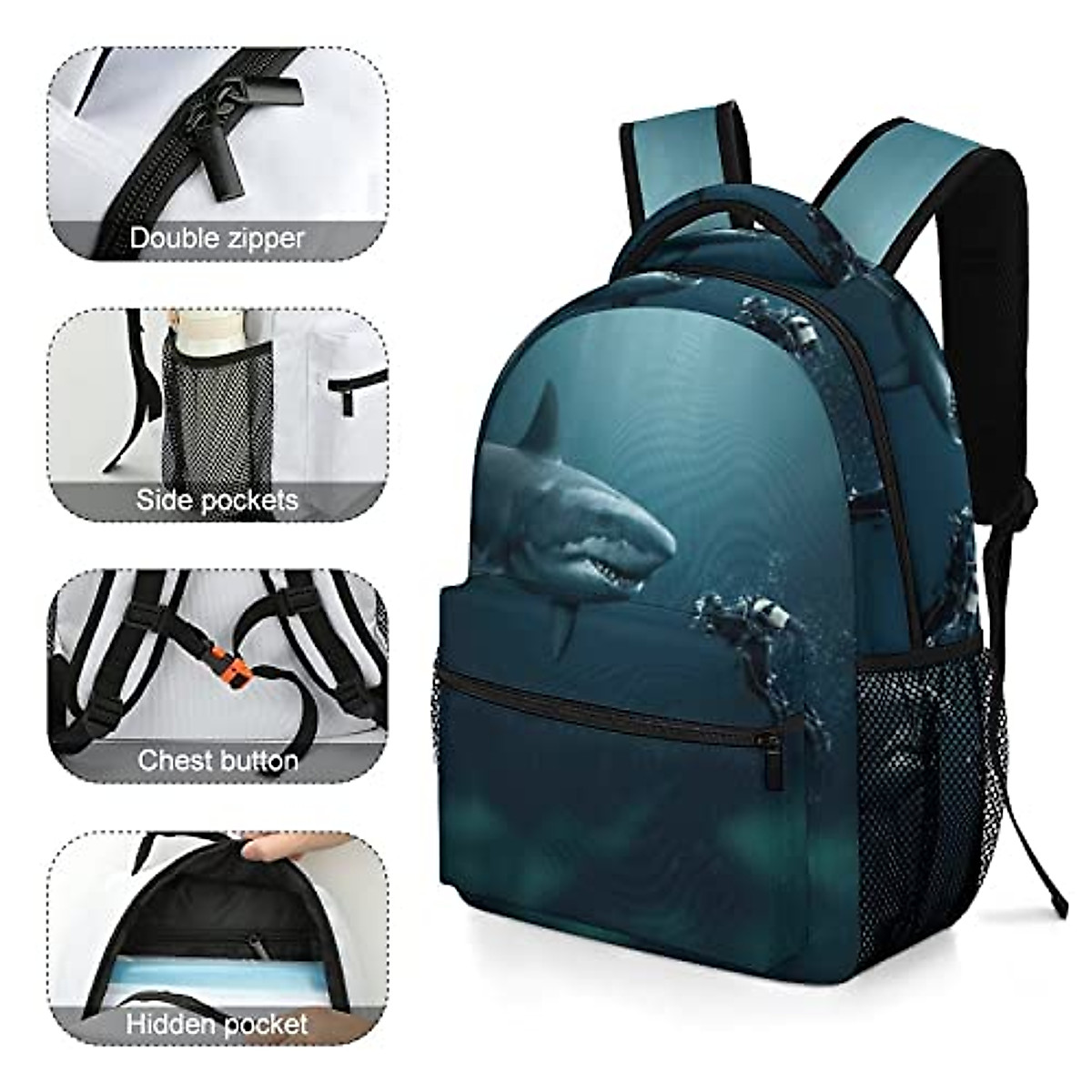 Undersea Shark Laptop backpack,Funny Ocean Wildlife Shark Diver Face to Face Backpack with Padded Shoulder Straps One Size