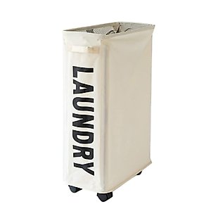 plplaaoo Oxford Cloth Easy Install Storage Basket with Mesh Pulleys, Foldable Laundry Basket with Drawstring Mesh Cover,Corner Clothes Hamper Laundry Bin with Handle (White)