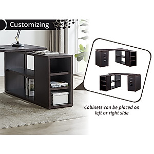 Naomi Home Ariel L Shaped Executive Desk with Drawers, Wood Home Office Corner Desk, File Drawer, Storage Cabinet, 60 inch Computer Writing Desk- Espresso