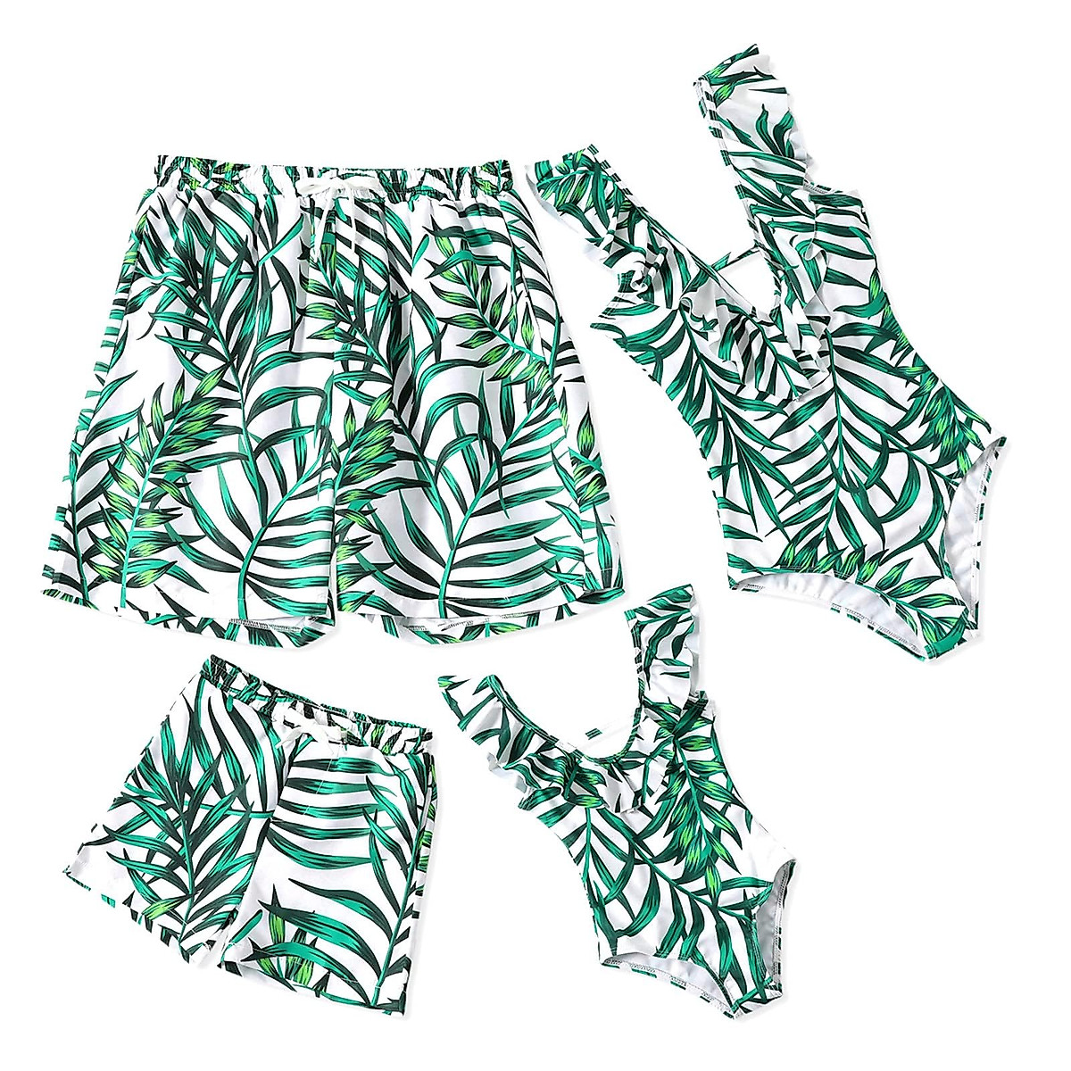 IFFEI Mommy and Me Swimsuit One Piece Leaves Printed Ruffle V Neck Bathing Suits Family Matching Swimwear Green Women: M