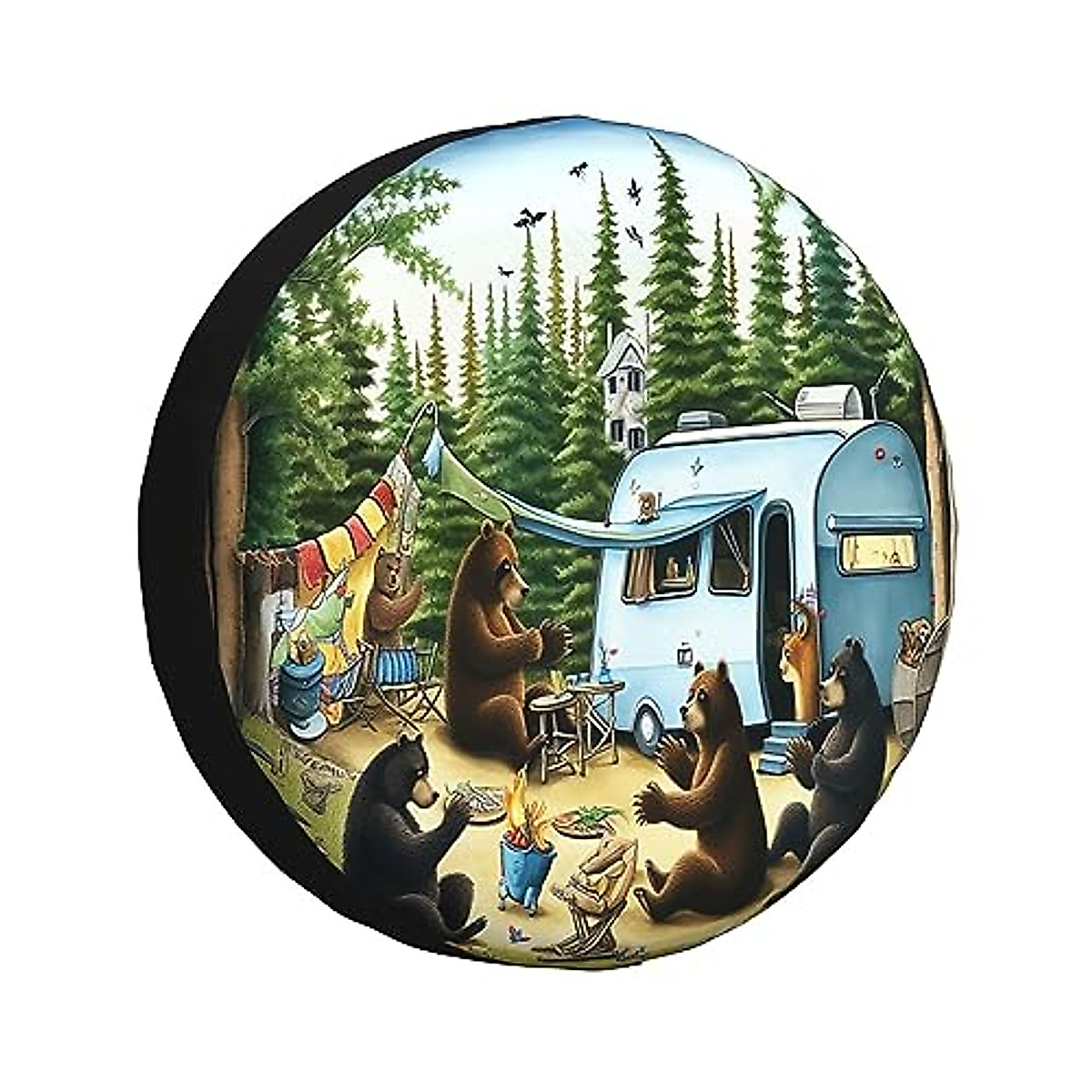 Happy Camper Bear Spare Tire Covers for Trailer Camper Rv SUV Truck Travel, Psychedelic Funny Tire Covers Camping Wheel Covers Car Decor, Universal Fits, 14 inch