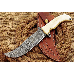 HUNTEX Handmade Hand-Forged Twist Pattern Damascus Steel 11 Inch Long Full Tang Camel Bone Handle Razor Sharp Hunting Camping Trail Knife w/Genuine Leather Sheath