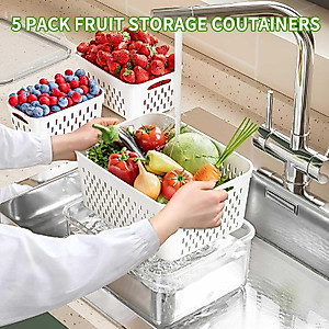 TFMODBFA 5 PCS Fruit Storage Containers for Fridge,Produce Storage Saver Containers with Removable Drain Colander&Airtight Lid, Food Grade Freezer Seal, Keeps Fruit Fresh for Long Time