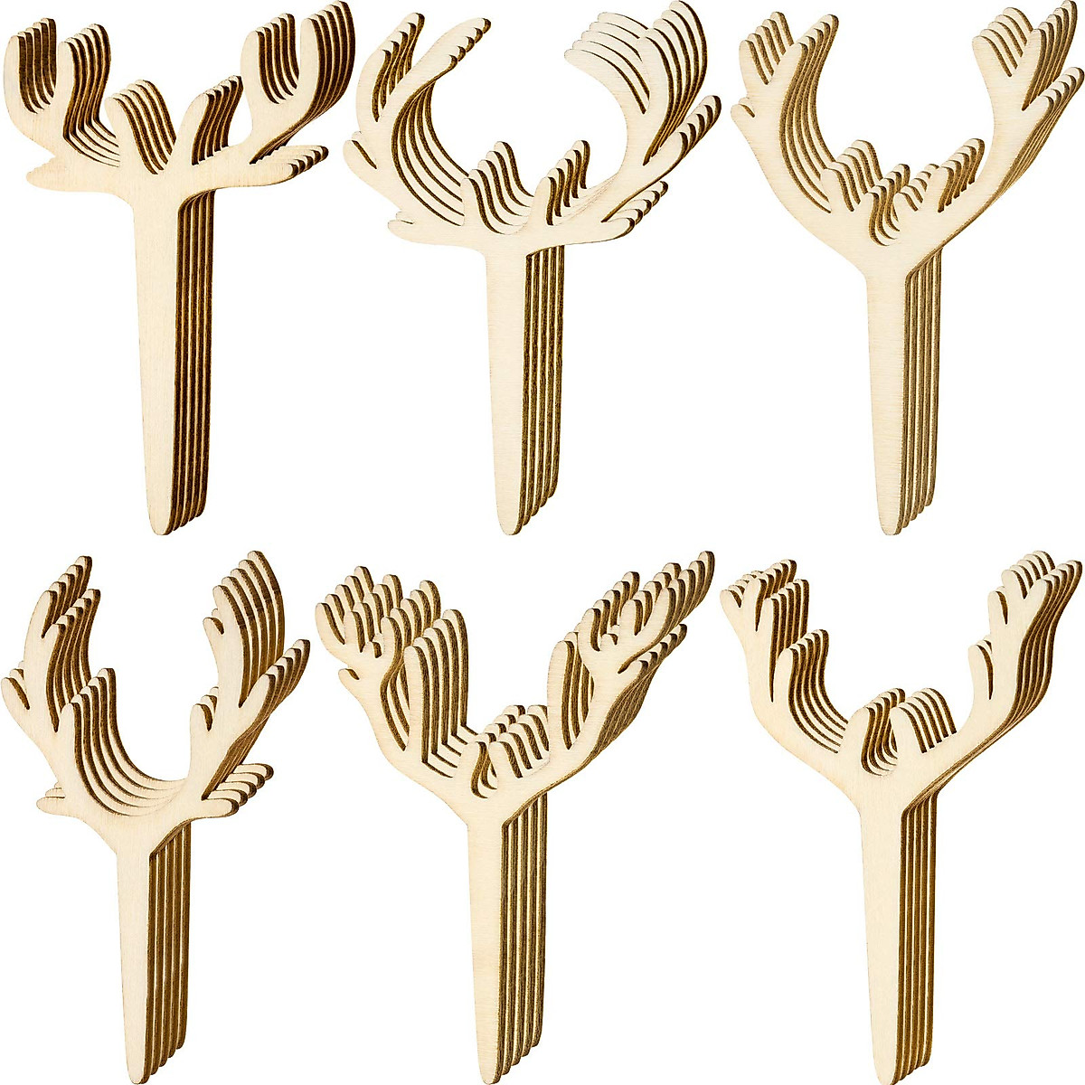 30 Pieces Antler Cupcake Toppers Wooden Reindeer Cake Topper Christmas Deer Cake Picks for Baby Shower Wedding Hunting Rustic Birthday Party Favors, 6 Styles