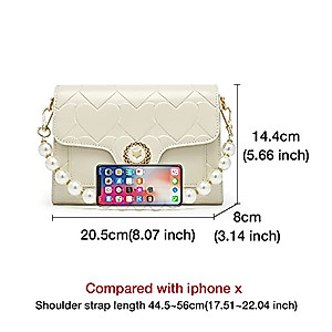Leather Crossbody Bags for Women, Cowhide Leather Ladies Handbags Shoulder Bag with Pearl Handle Adjustable Chain Strap Womens Messenger Bag Cute Pouch Bag Women's Fashion Satchel Purses (White)