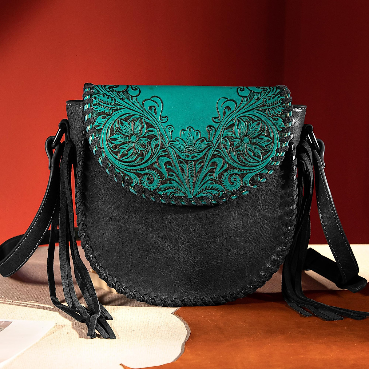 Montana West Western Crossbody Purses for Women Embossed Collection Vegan Leather Handbag Saddle Bag MW1212-8360BK