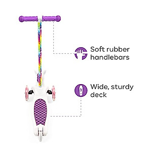 Dimensions Unicorn Kick Scooter for Kids, Self-Balancing 3 Wheeled Light Up Scooter with Extra Wide Anti-Slip Deck, Rear Brake, Lean to Steer, Lightweight Design, for Kids 3 and up, 75 LB Limit