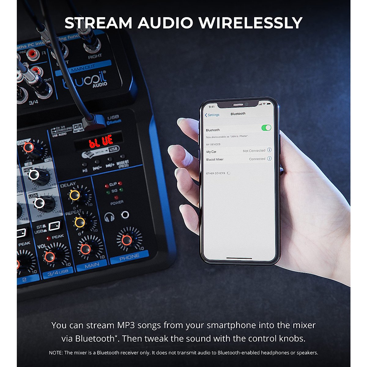 Blucoil 4-Channel Audio Mixer with 48V Phantom Power, 2-Band EQ, Delay and Repeat Effects, Bluetooth, XLR Microphone and MP3 USB Inputs for Home Studio Recording on Windows and Mac