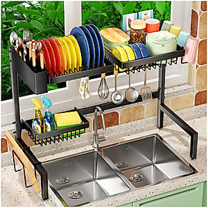 SNSLXH 2 Tiers 3 Baskets Over The Sink Dish Drying Rack, Kitchen Large Shelf, Suitable for 99% Sinks, Effective Drainage Drying, Kitchen Drainage Rack, 24.8"-35.4"